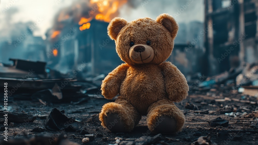 kids teddy bear toy over city burned destruction of an aftermath war ...