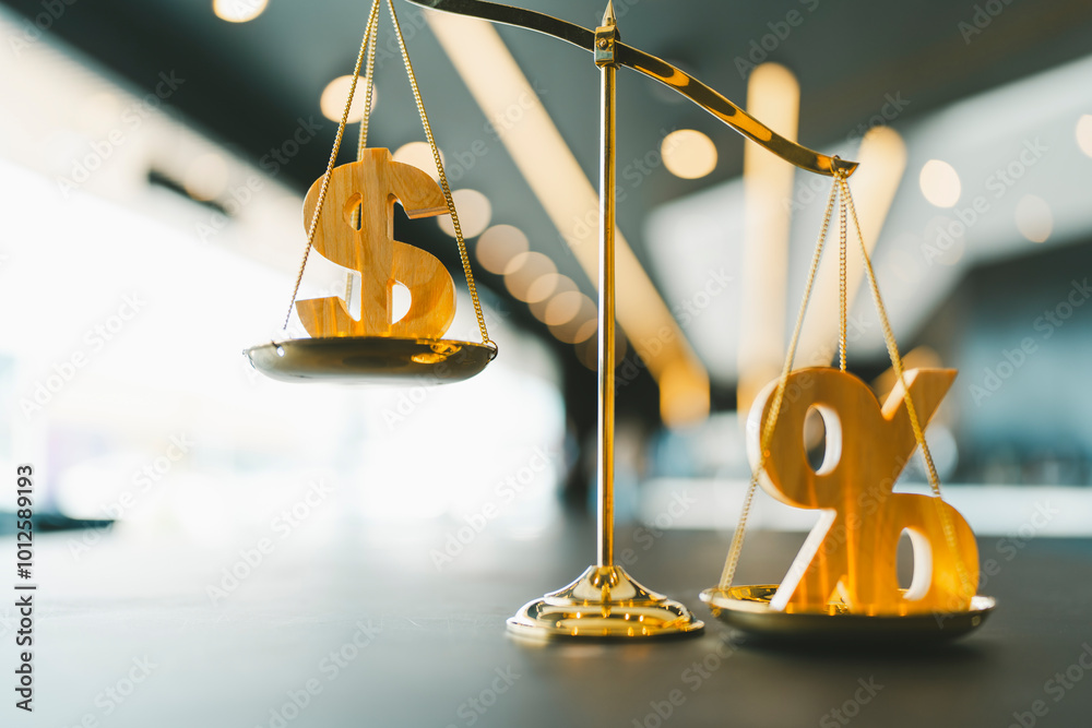 Dollar and percent symbol with balance scale. Money management ...