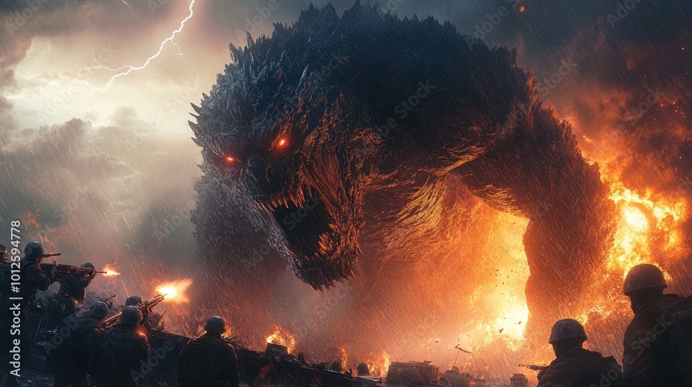 A giant monster with furious eyes tearing through a military barricade ...