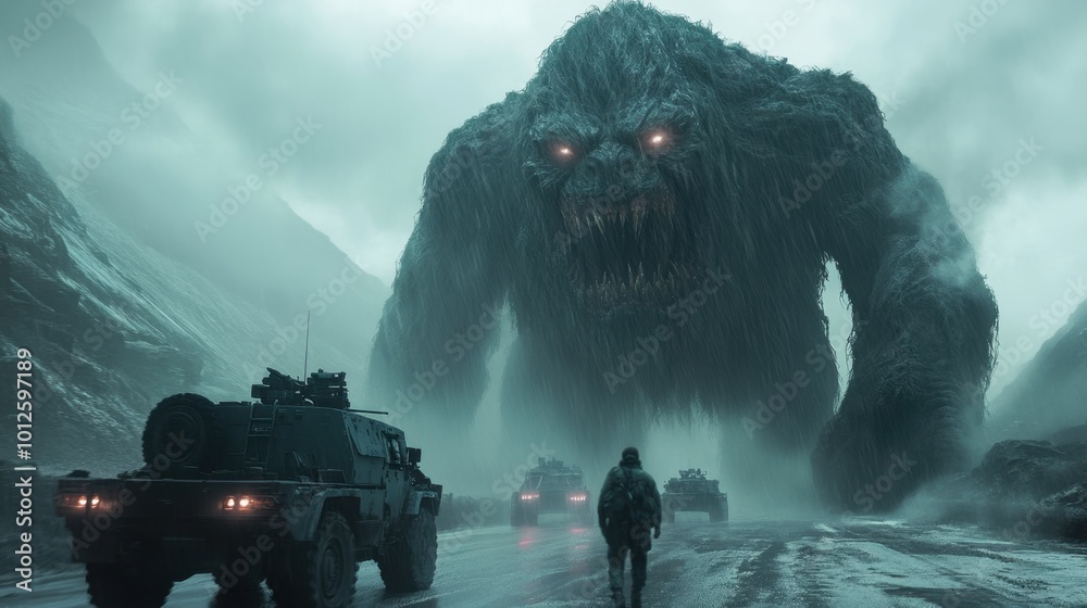 A group of soldiers in tanks and trucks battling a furious giant ...