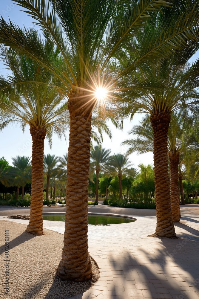 A beautiful vertical shot of date palm trees with sunlight streaming ...