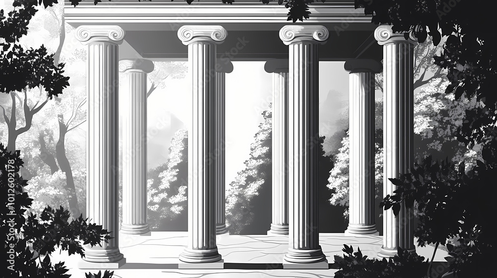 Classical temple portico with corinthian columns in high-contrast ...