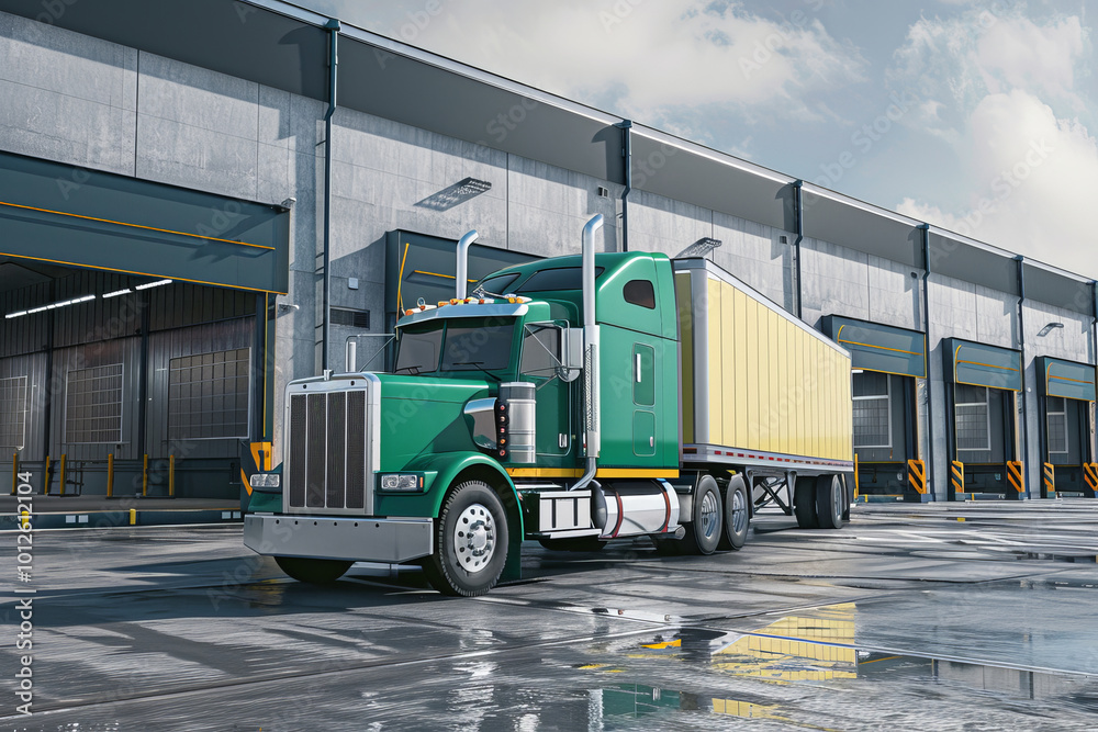 Green big rig semi truck with trailer standing in the warehouse dock ...