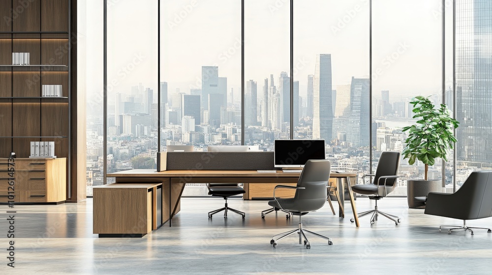 A modern open office showcases expansive windows that provide an ...