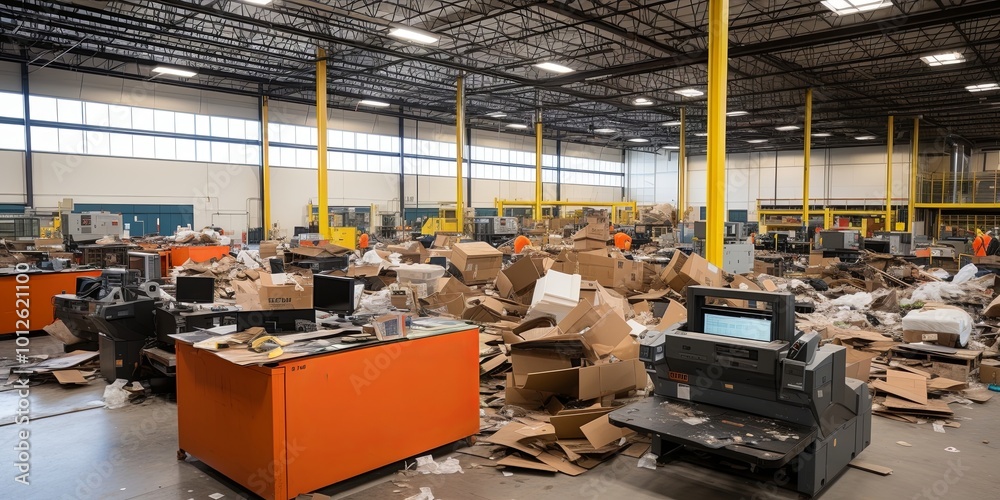A large warehouse space filled with debris, scattered cardboard boxes ...