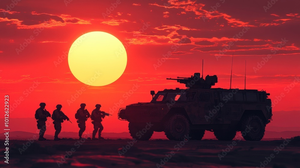 Military patrol car on sunset background. Army war concept. Silhouette ...
