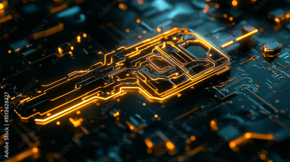 macro shot of digital key with intricate circuit design, glowing in ...