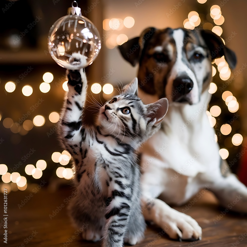 Feliz Navidad perro y gato árbol de Navidad calligraphic merry ...
