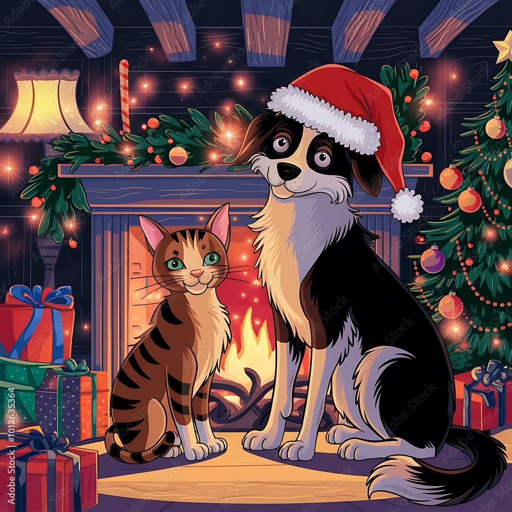 Feliz Navidad perro y gato árbol de Navidad calligraphic merry ...