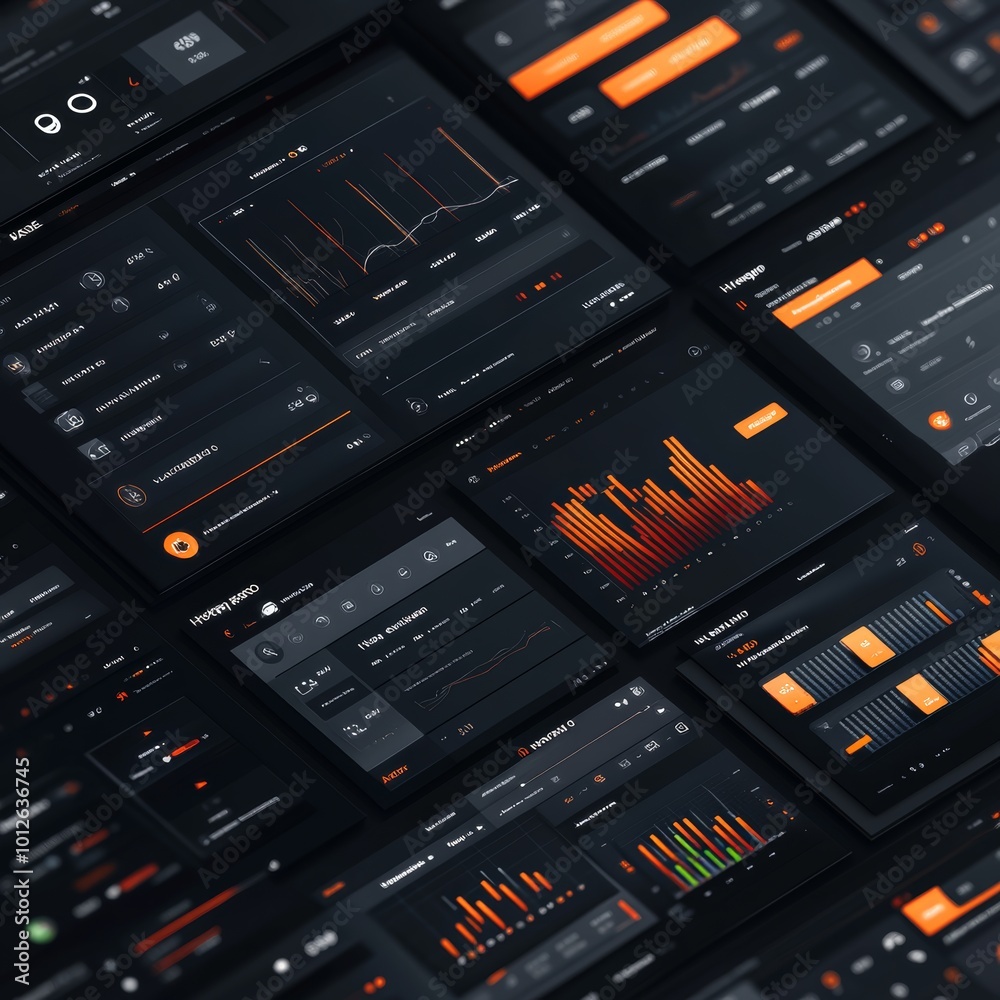 Dark Mode UI Design with Orange Accents and Data Visualizations Stock ...