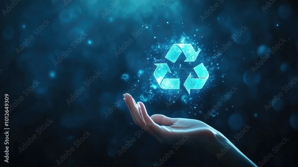 Hologram of a recycling symbol projected against a blue background ...