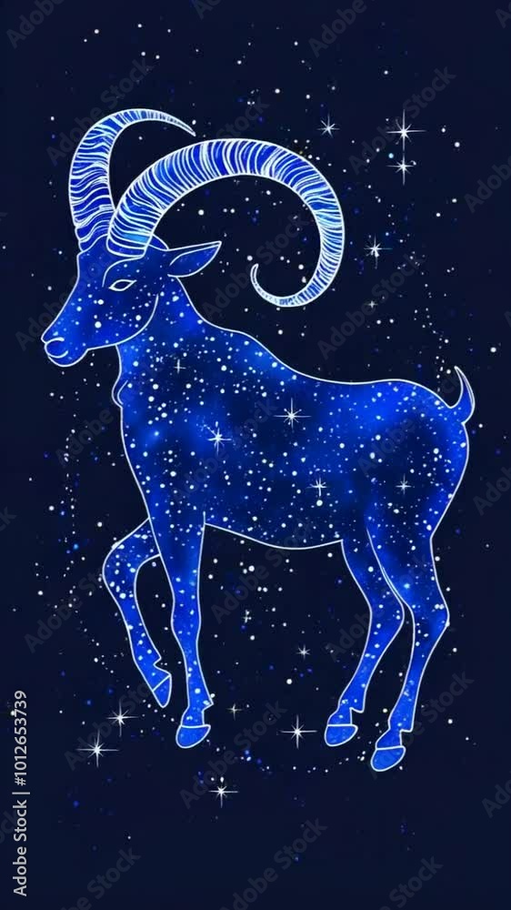 A stylized blue goat with starry patterns, representing the ...