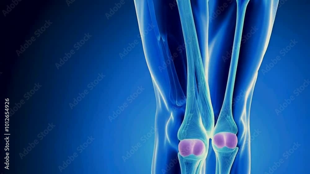 Illustrative depiction of human leg bones and joints in a blue and pink ...