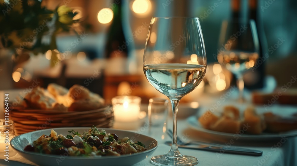 Elegant and select restaurant table Wine Glass and appetizers, on the ...