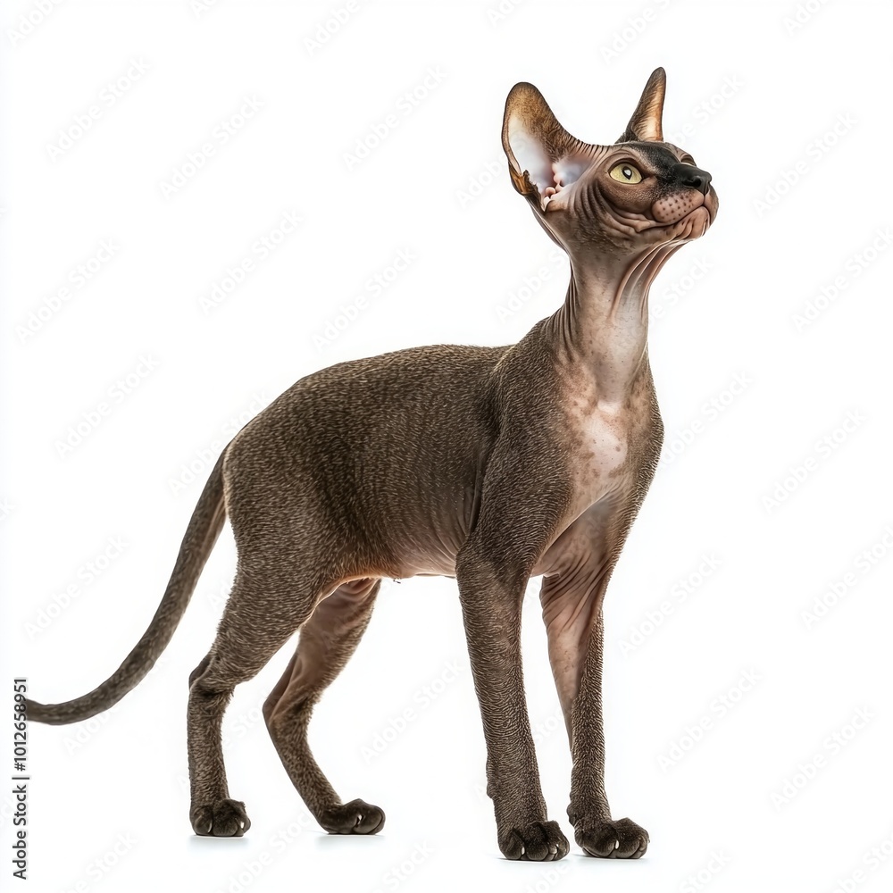 beautiful Peterbald cat poses gracefully, highlighting its slender ...