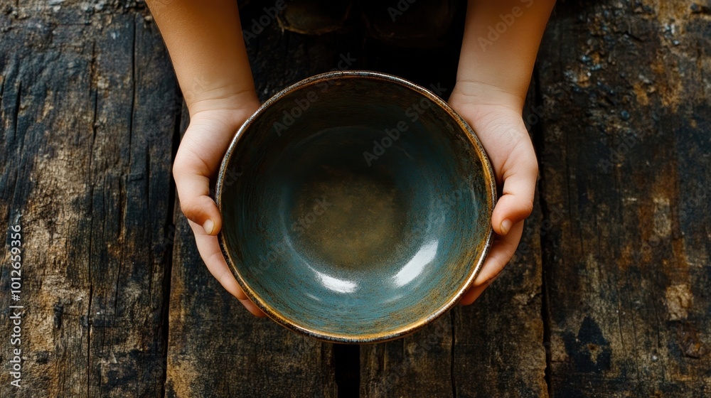 A powerful photograph depicting a child with an empty bowl ...