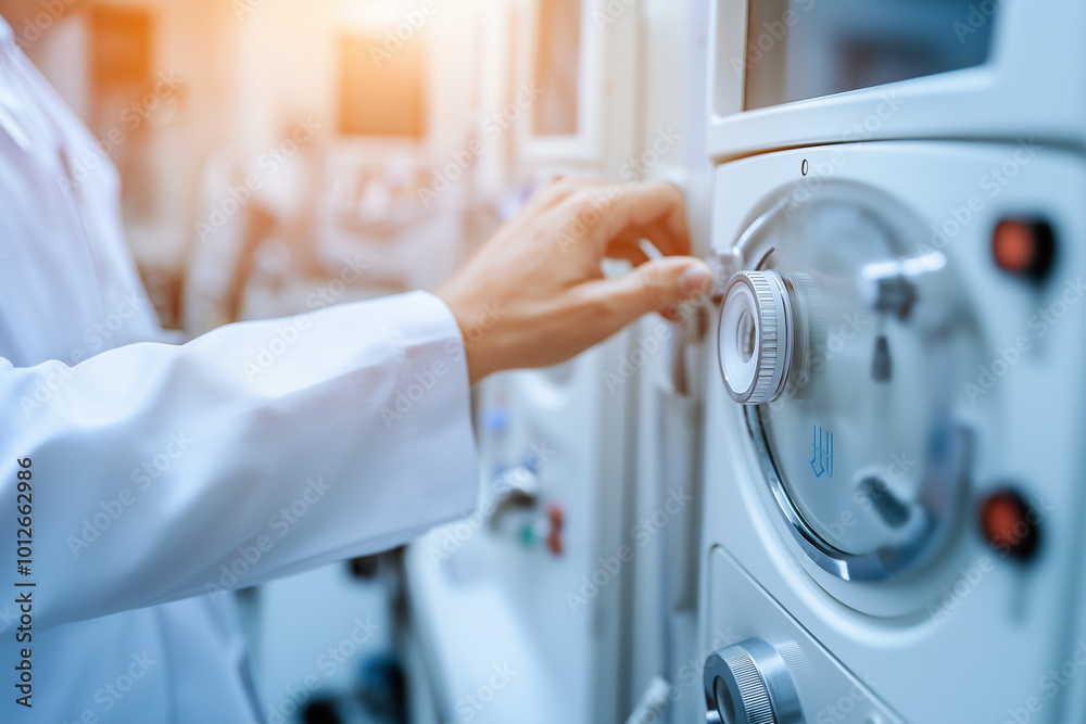 A doctor setting up a dialysis machine for a patient, with copy space ...