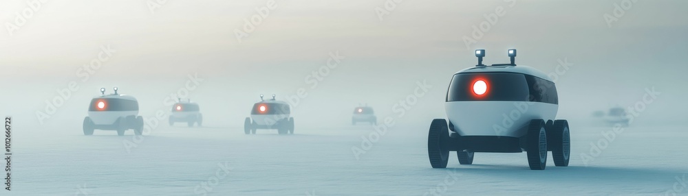 Autonomous robots driving in a foggy environment with glowing red ...