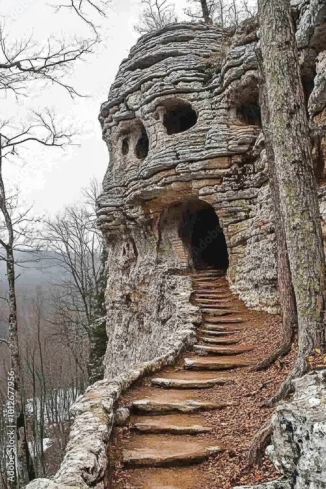 Stone-carved staircase leading into a cave dwelling built into a ...