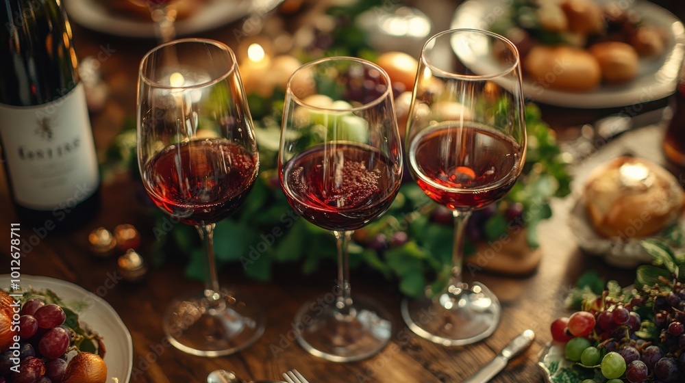 Elegant wine glasses on a table set for dinner, captured from above ...