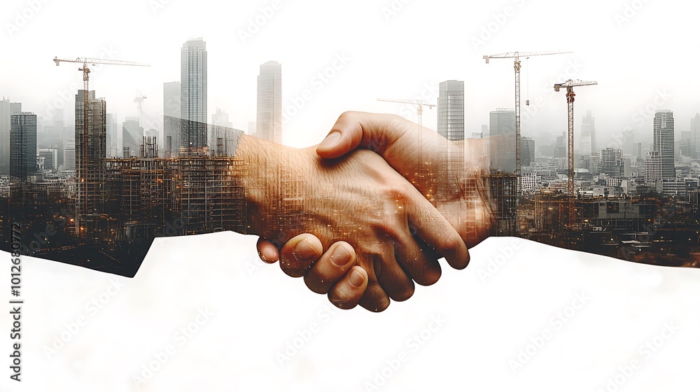 A handshake merged with a bustling urban construction scene, featuring ...