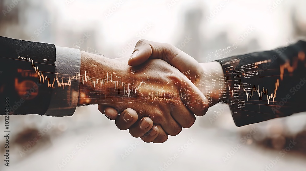 A handshake merged with stock market graphs, trading screens, and ...