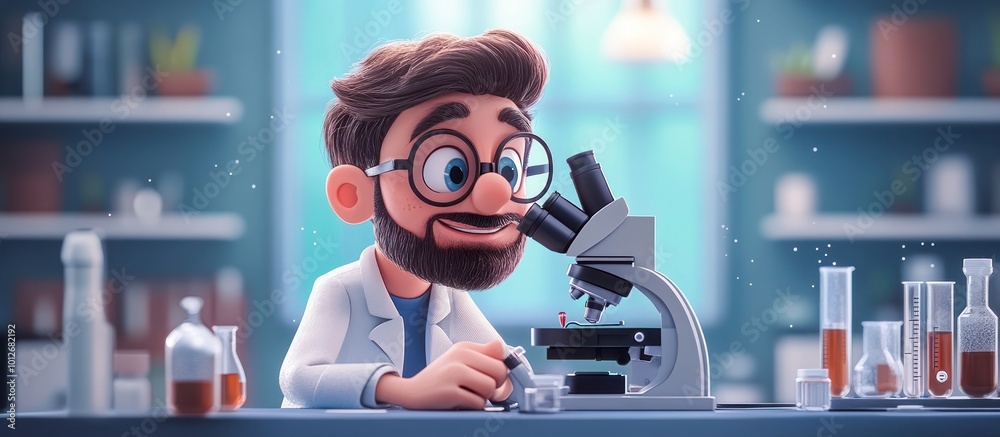 A cartoon scientist with a beard wearing glasses, a lab coat, and a big ...
