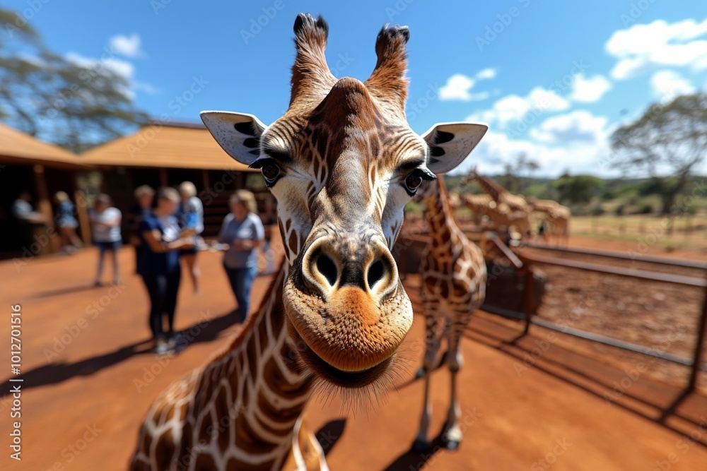 3D-rendered scene of visitors feeding giraffes at the Giraffe Centre ...