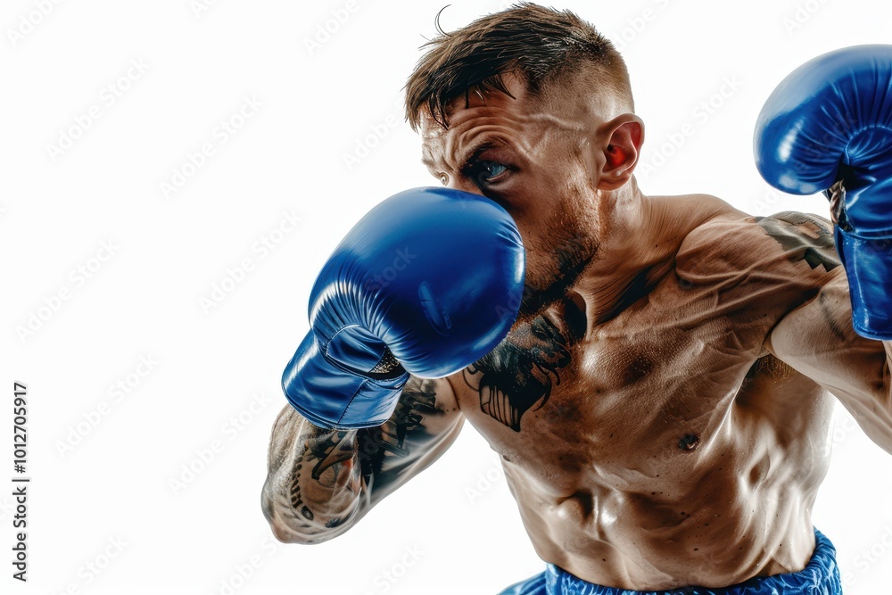 Male kickboxer in blue sportswear on white background Muscular athlete ...