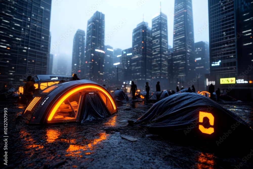 Futuristic homeless community depicted by a group of people living in a ...
