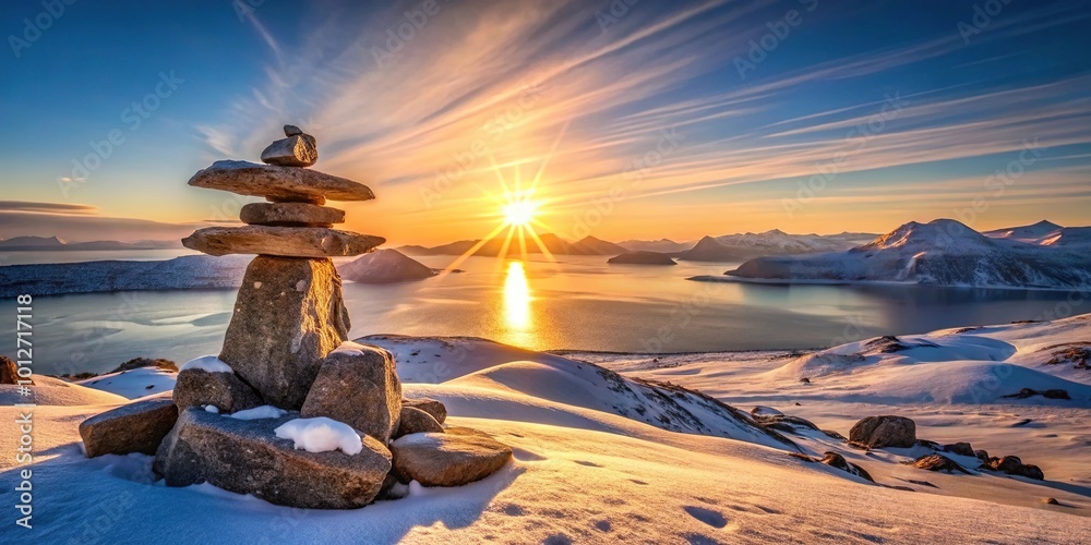 Forced perspective sunset through Inuksuk in arctic landscape with ...