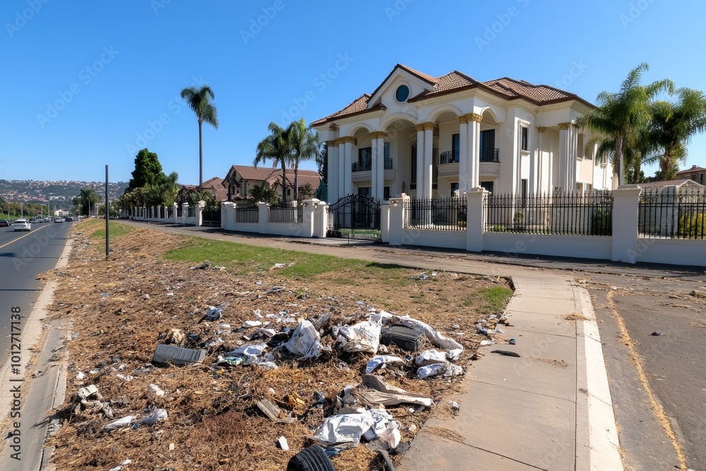 Social divide is displayed with a gated community of mansions next to a ...