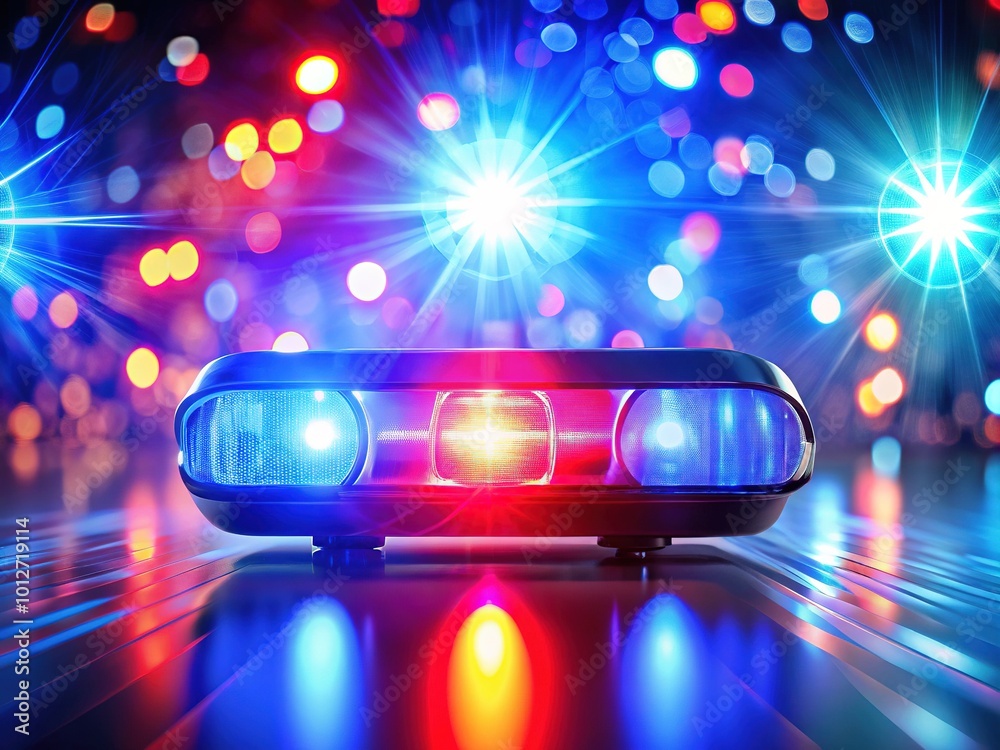 Vibrant red and blue police strobe lights flicker in a rapid blink ...