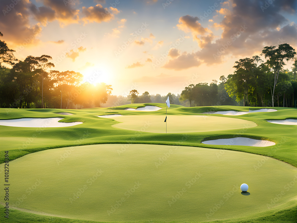 Golf teeing ground in golf course with sunrise background. Stock Photo ...