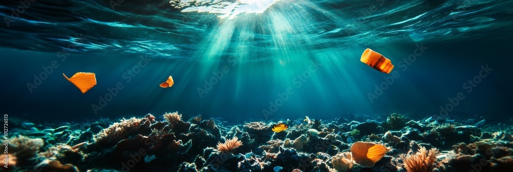 A plastic bottle floats amidst vibrant coral reefs and fish ...
