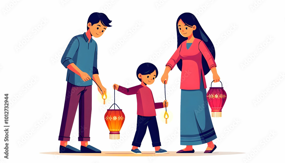 Flat Candid moment of children helping to light Diwali lanterns ...