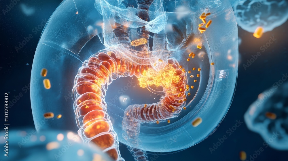 This 3D medical illustration shows the absorption process of water ...
