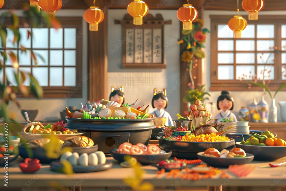 Joyful 3D render of a Korean Chuseok feast with traditional foods ...