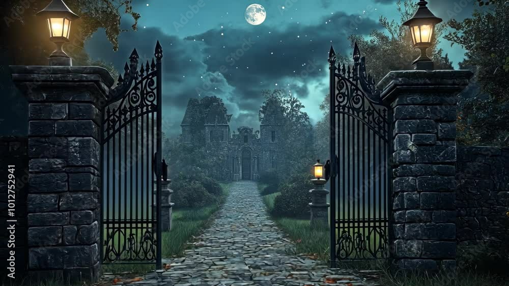 A spooky, old mansion with a stone pathway and iron gates stands under ...