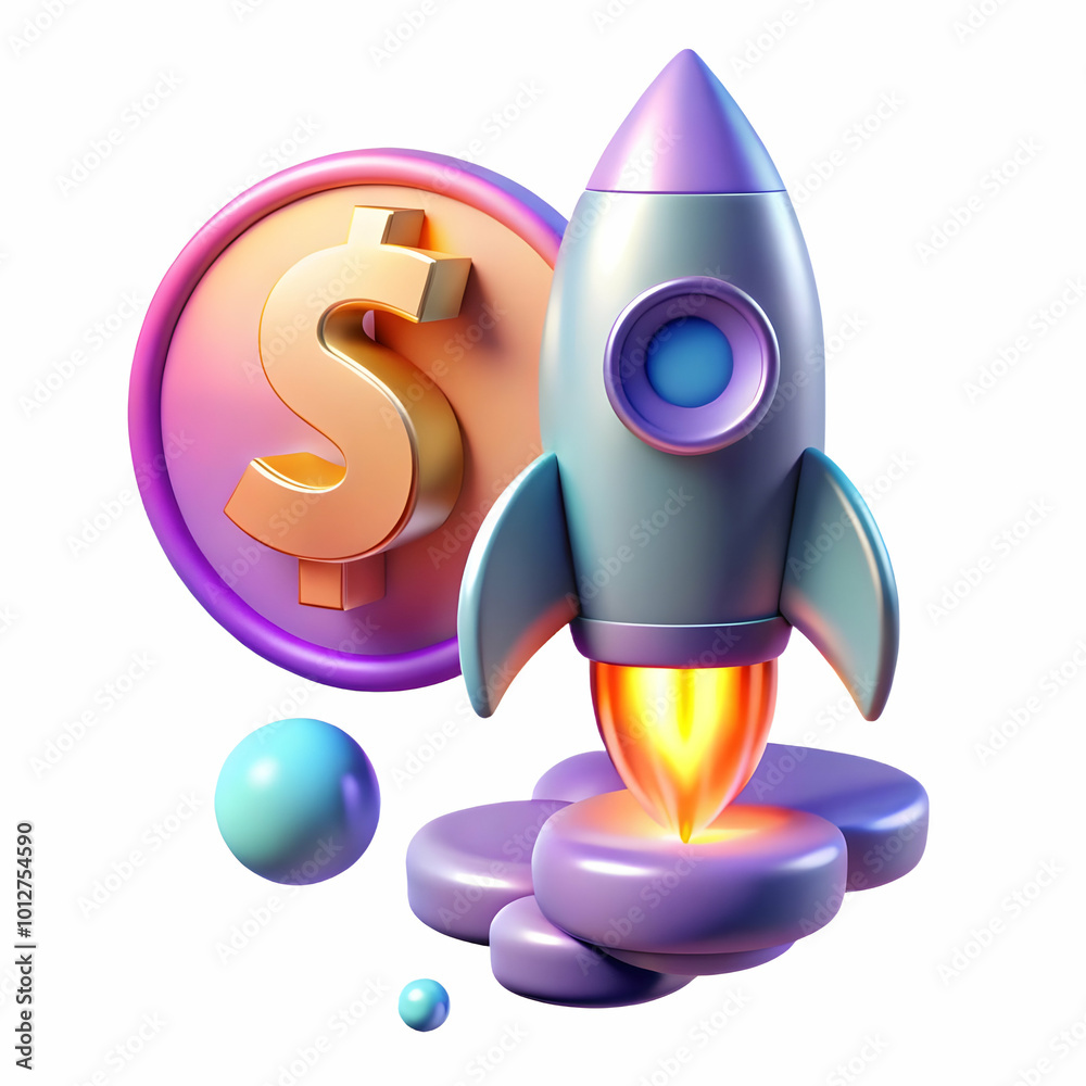 Holographic rocket launching from a glowing dollar sign with copy space ...