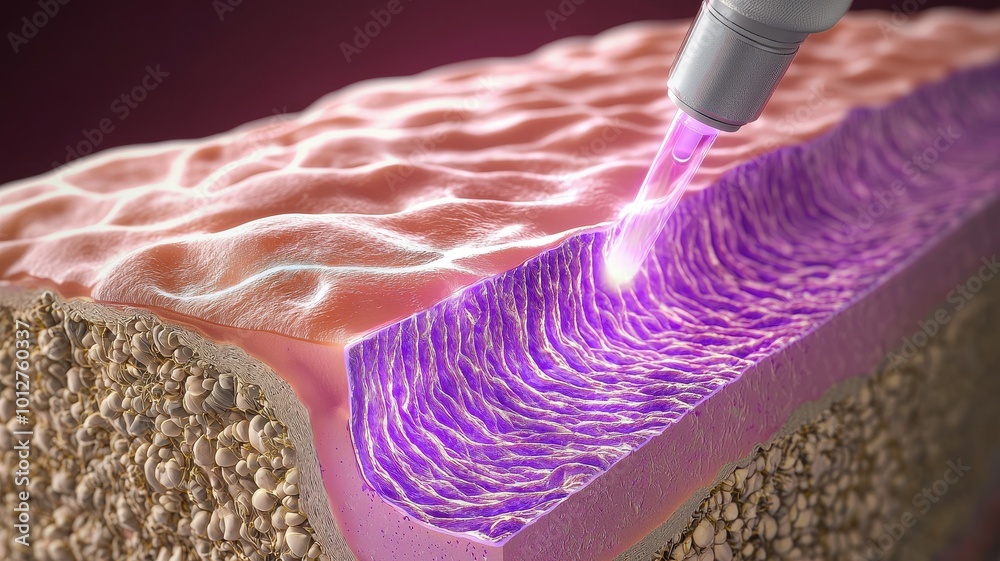 Skin layer cross-section with laser light hitting epidermis ...