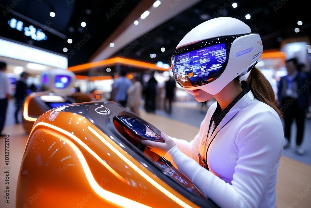 Futuristic shopping mall with holographic displays, customers using ...