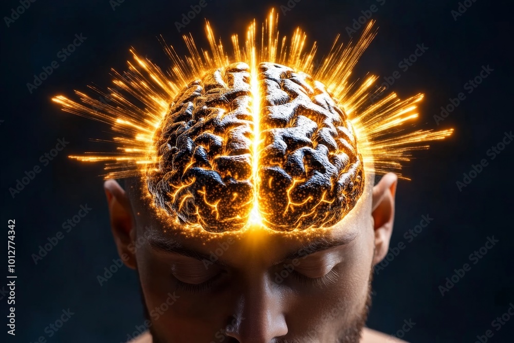 Human mind glowing with light, with beams radiating outward ...