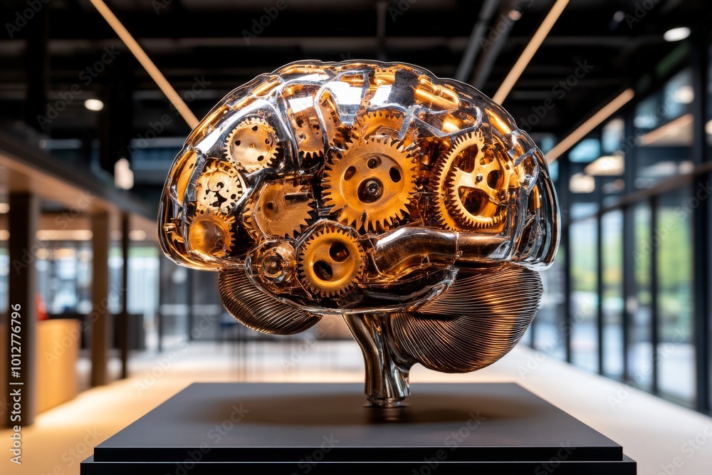 Mechanical brain filled with turning gears, steam pipes visible through ...