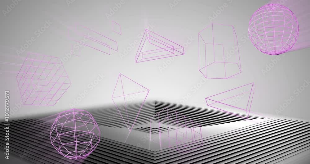 Animation of 3d geometric shapes over black and grey pyramid of ...