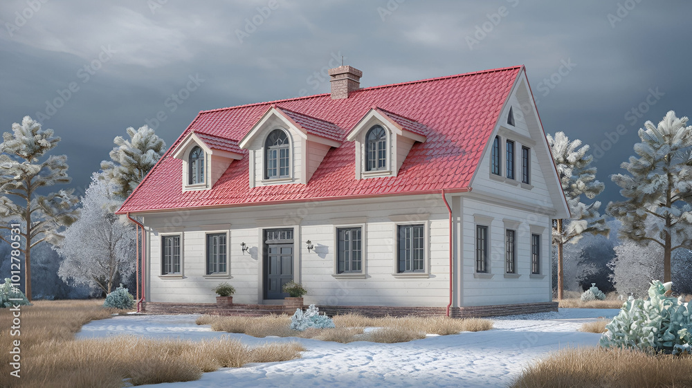 a beautiful house with a traditional design, featuring a red roof and ...