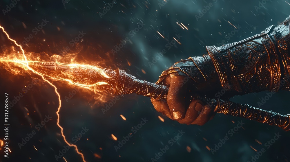 A dramatic close-up of a hand gripping a glowing spear with lightning ...