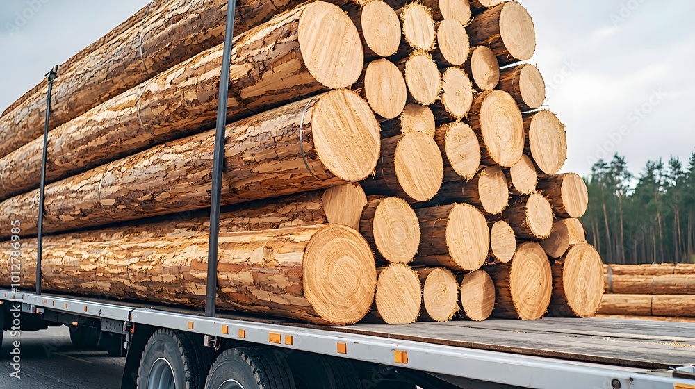 Flatbed truck carrying massive timber logs through a forested area ...