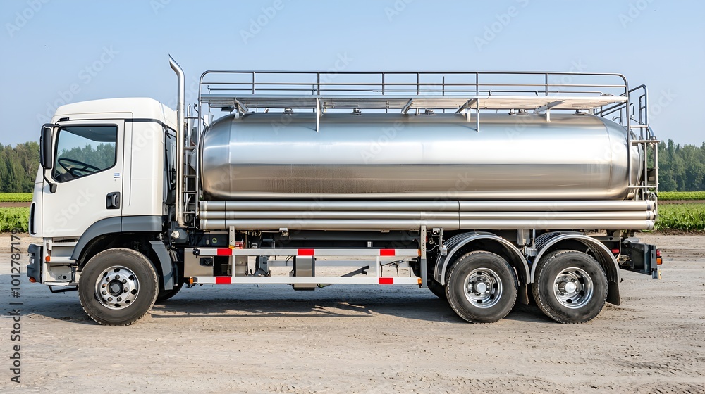 Milk truck featuring large stainless steel tanks, parked on a rural ...
