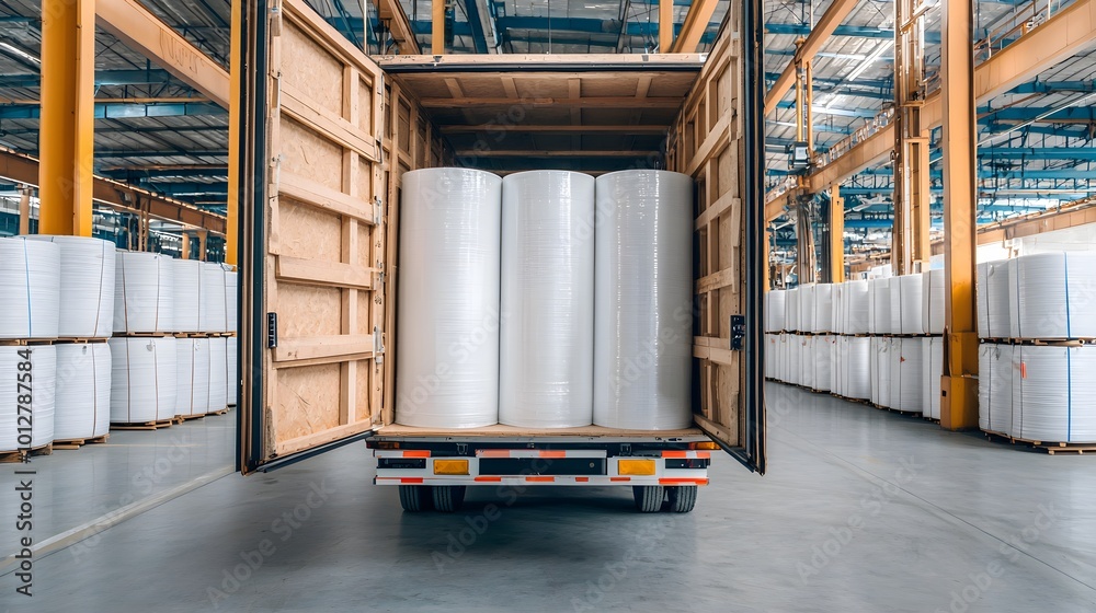 Transport truck with open back, loaded with large rolls, showcasing ...